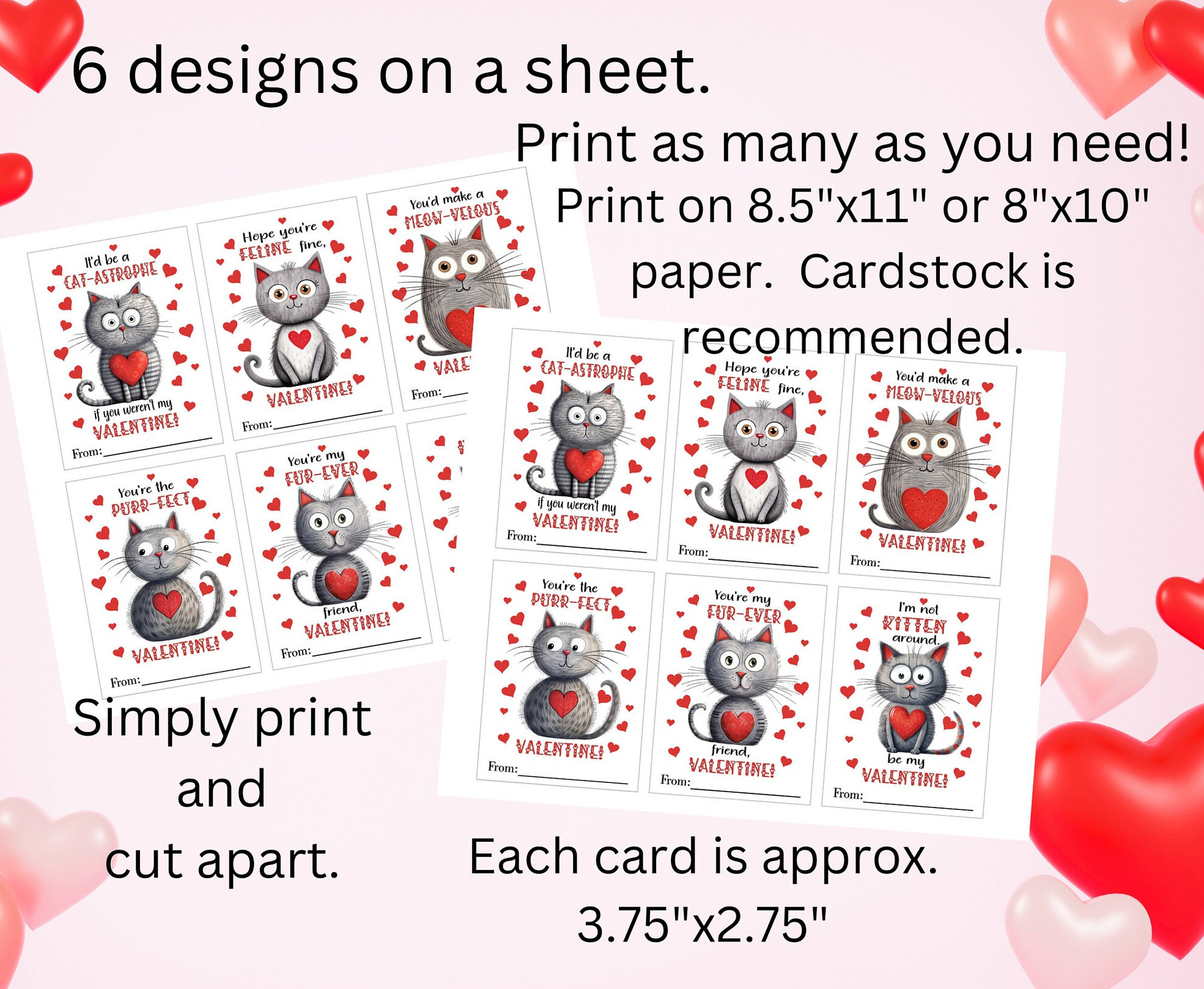 Printable Cat Valentine Cards, Kid's Classroom Valentine's Day Cards ...