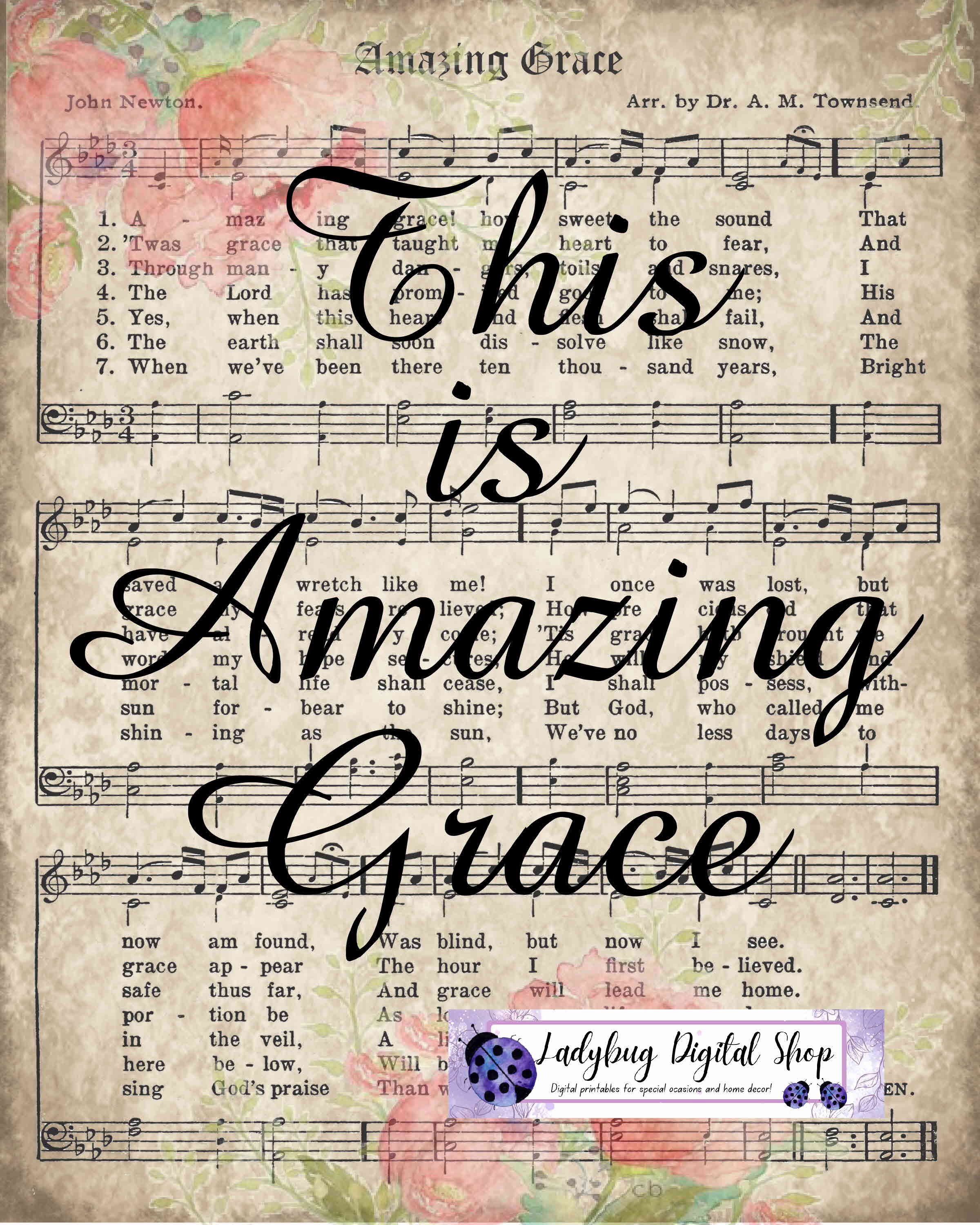 Amazing Grace Sign, Printable Vintage Hymn, Easter Decor, Digital ...