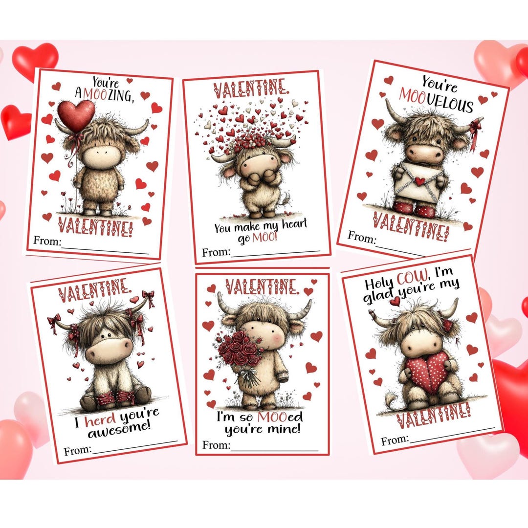 Printable Highland Cow Valentine's Day Cards for Kids: Funny Classroom ...
