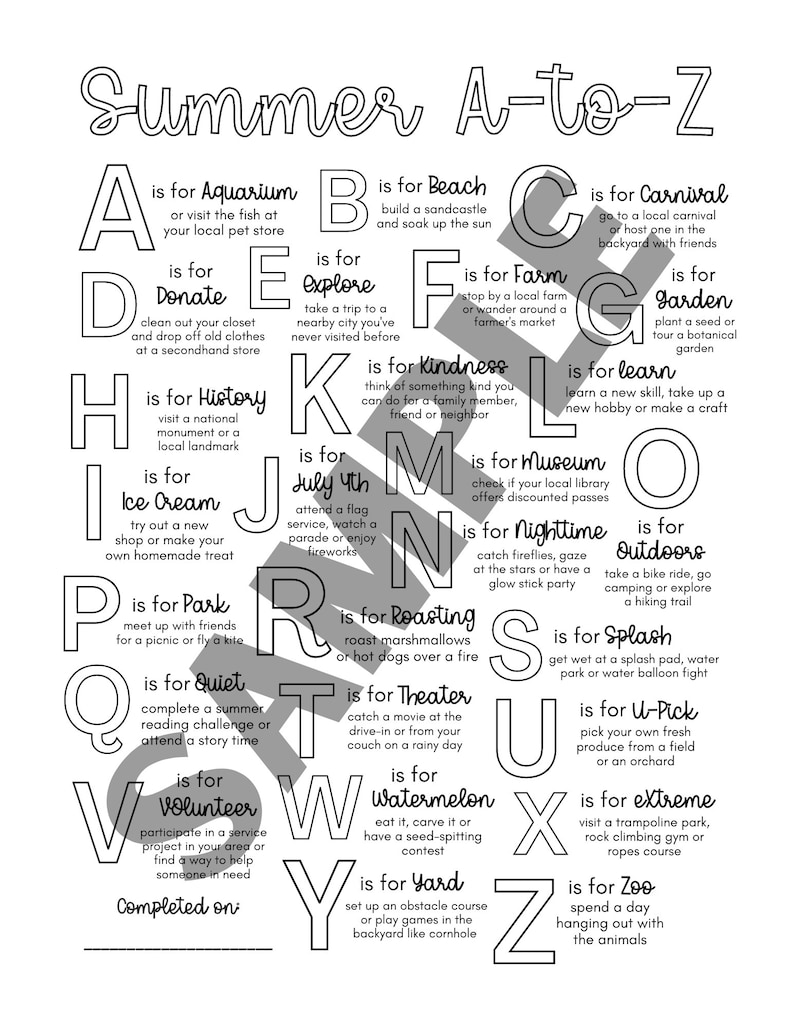 DIGITAL Printable Summer A to Z Bucket List Coloring Page - Etsy