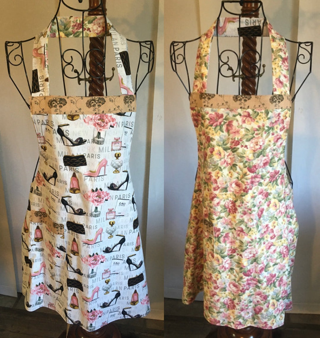 Paris Apron, Reversible Apron, Pumps, Shoes, Perfume, Purse, Flowers, 2 ...