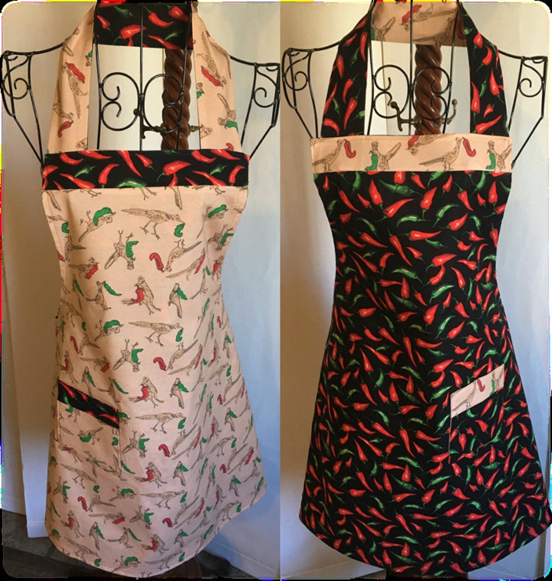 Roadrunner Chili Reversible Apron, Red & Green Chile Peppers Double ...