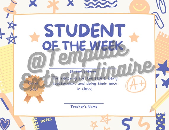 Student of the Week Award Certificate Template for Children - Etsy
