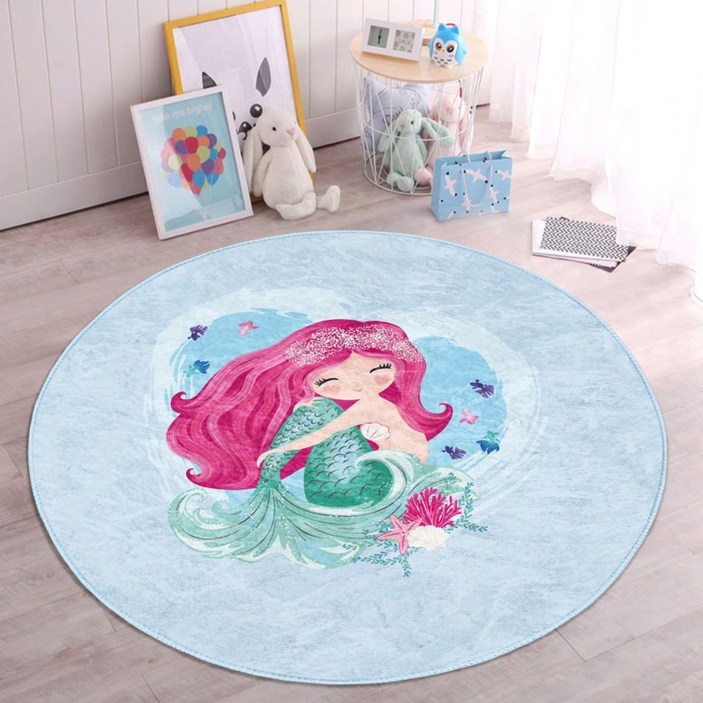 Nursery Mermaid Rug, Cute Panda Kids Room Decorative Round Rug, Baby ...