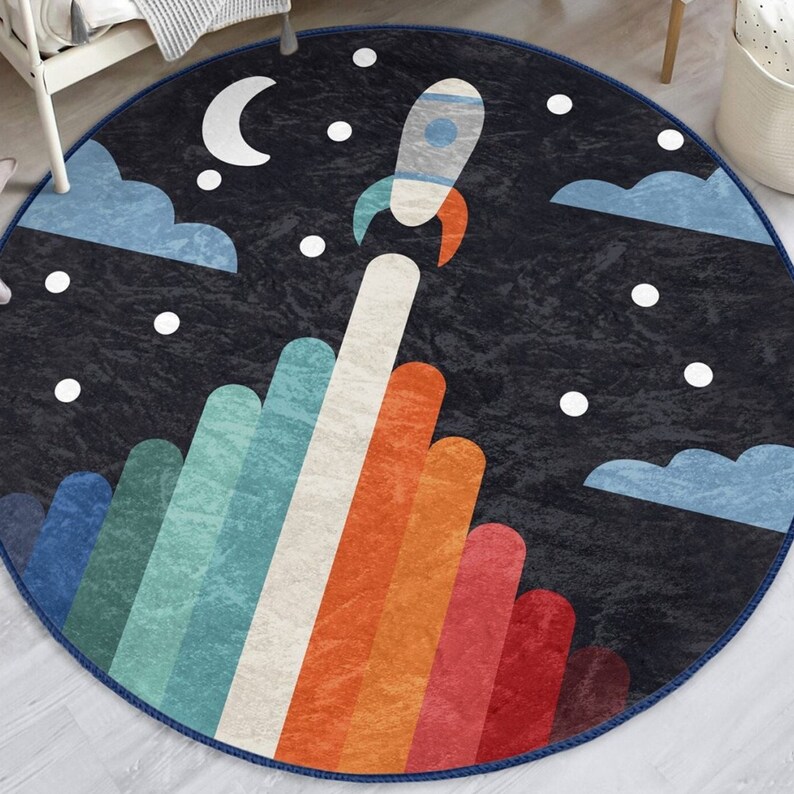 Space Rocket Kids Rug, Nursery Room Space Patterned Round Rug, Baby ...
