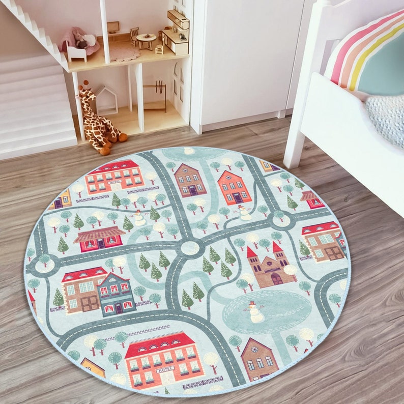 City Map Kids Room Rug, Nursery Room Carpet , Baby Room Circle Area Rug ...