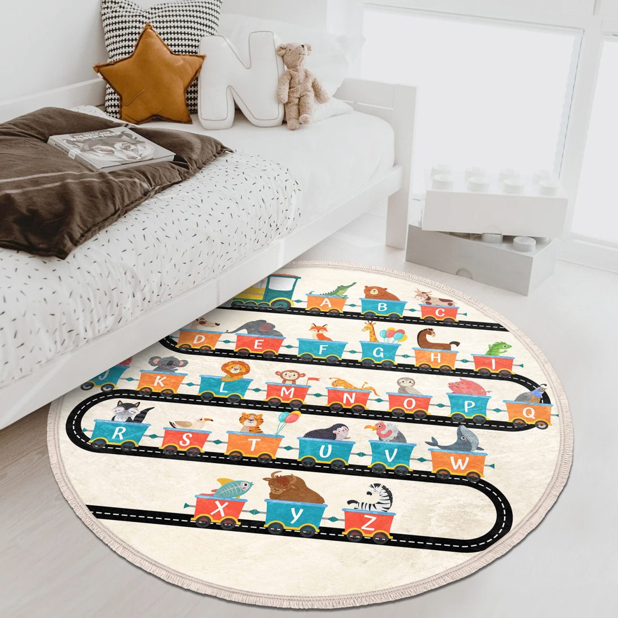 Train Alphabet Letter With Cute Animals Printed Kids Room Area Rug ...