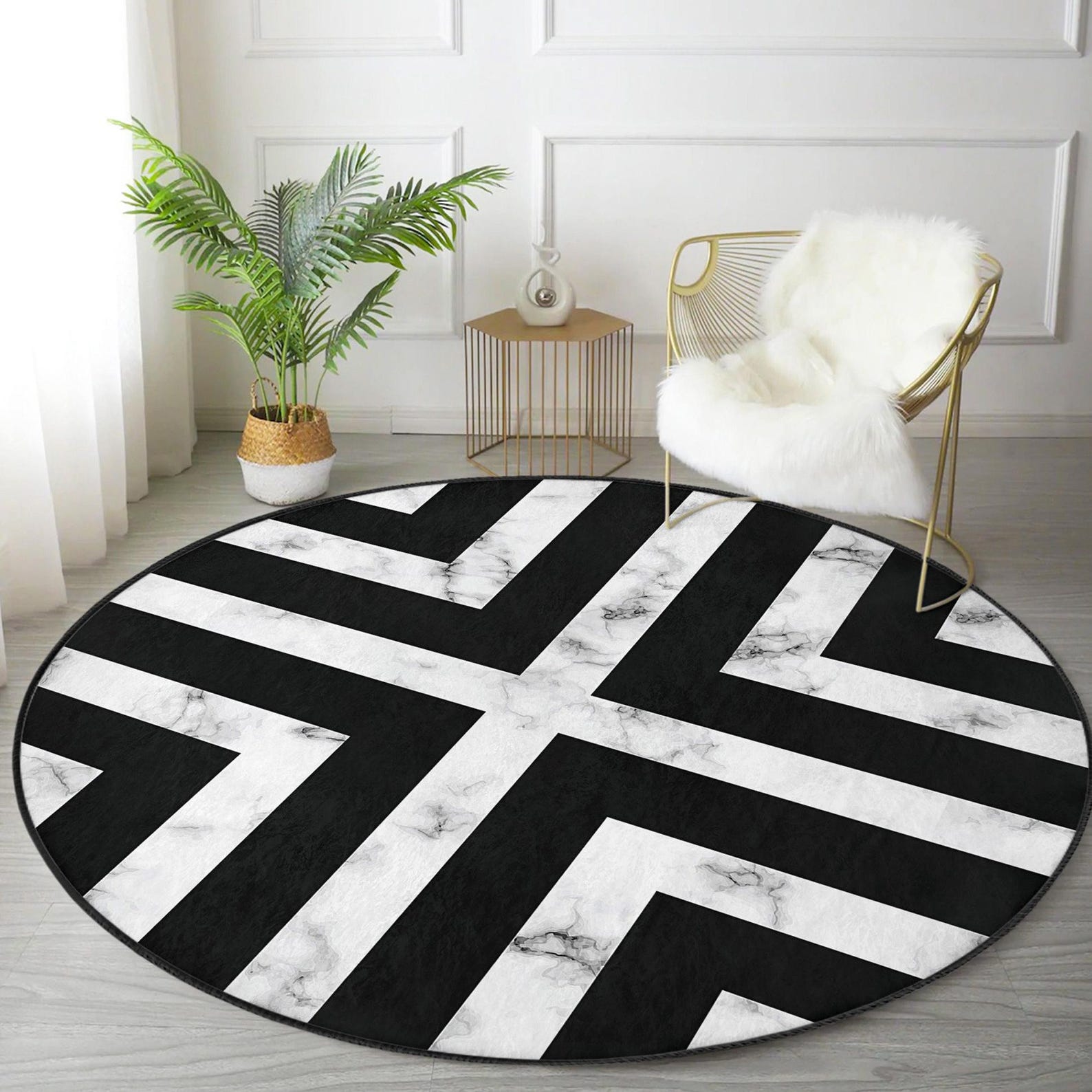 Modern Round Rug, Black and White Decorative Living Room Area Rug, Non ...