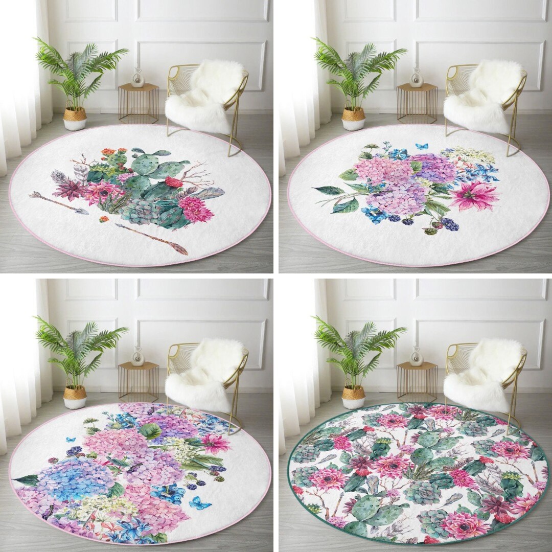 Cute Flower Patterned Circle Rugs, Floral Printed Decorative Area Rugs ...