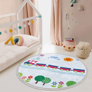 Train Nursery Rug, Kids Room Decorative Train Pattern Area Rug, Circle ...