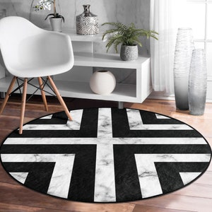 Modern Round Rug, Black and White Decorative Living Room Area Rug, Non ...