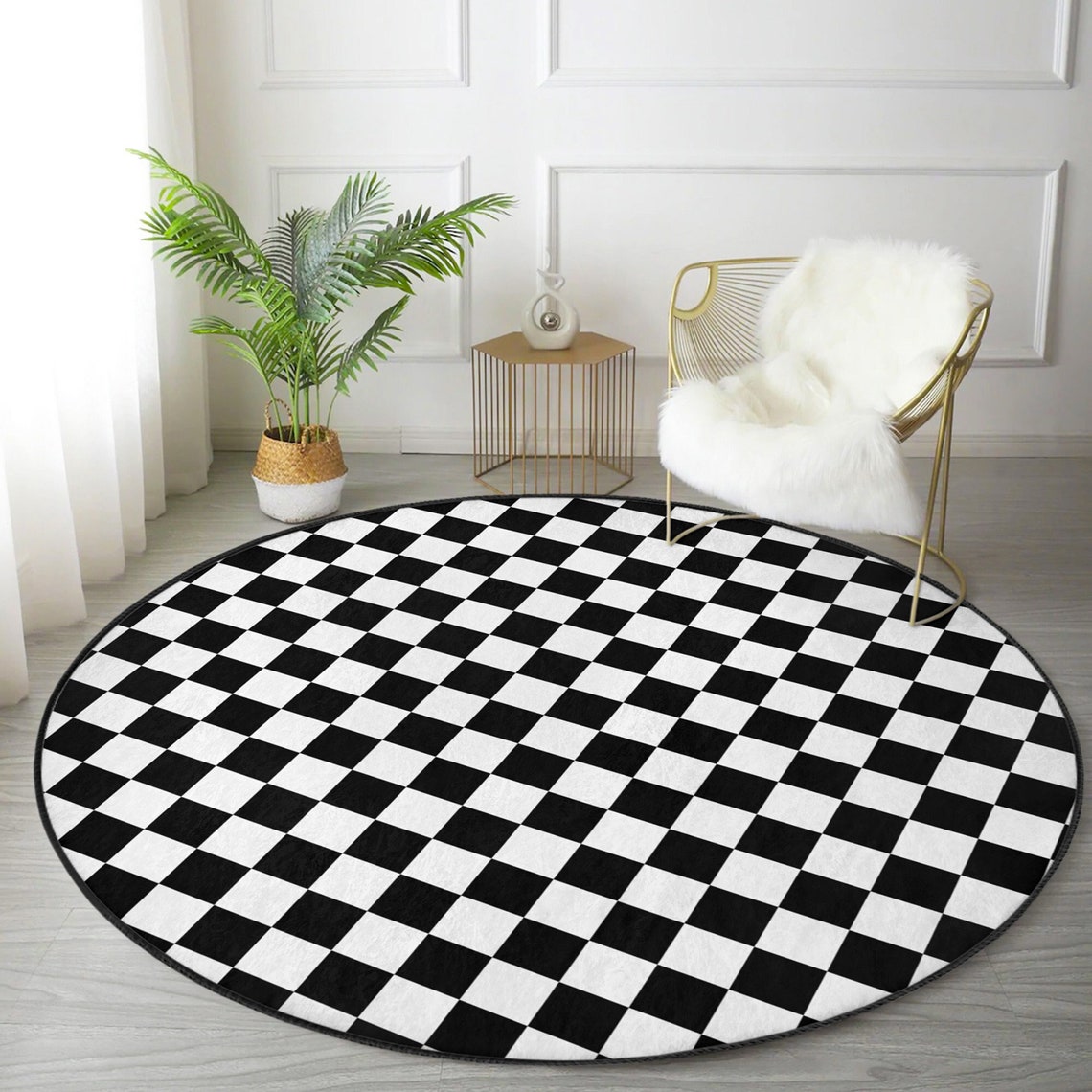 Checkered Round Rug, Black and White Checkered Circle Rug, Living Room ...