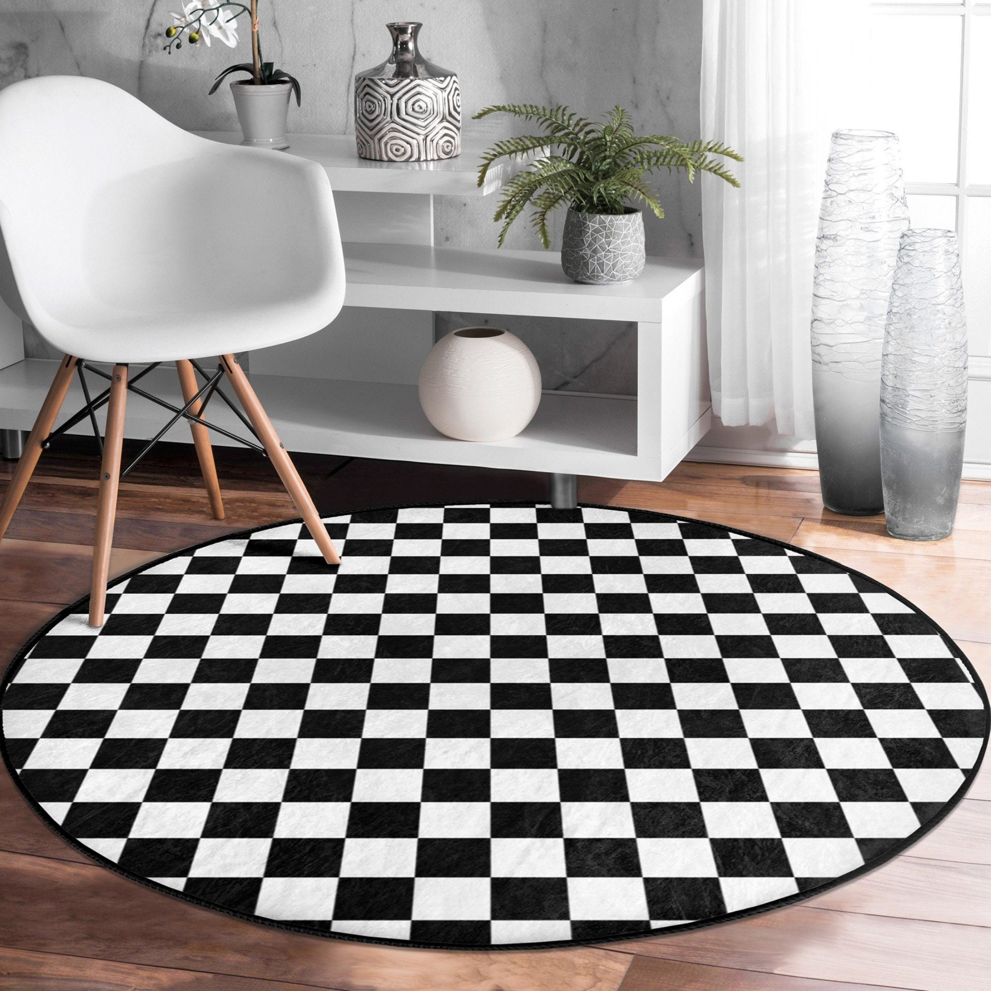 Checkered Round Rug, Black and White Checkered Circle Rug, Living Room ...