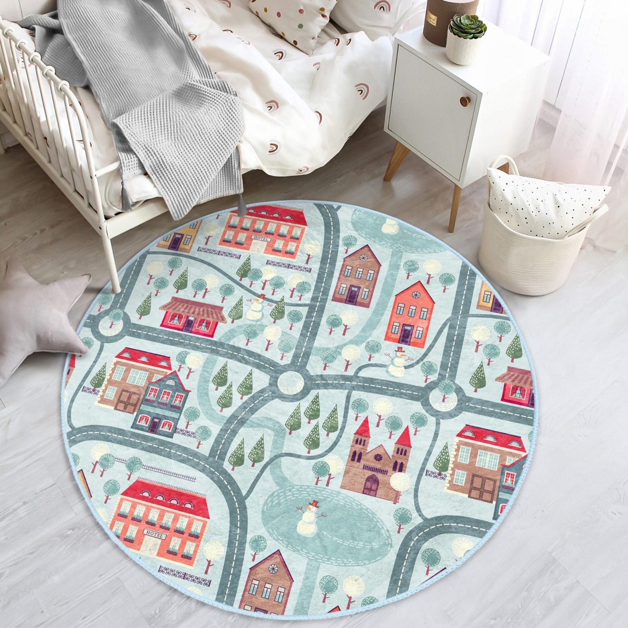 City Map Kids Room Rug, Nursery Room Carpet , Baby Room Circle Area Rug ...
