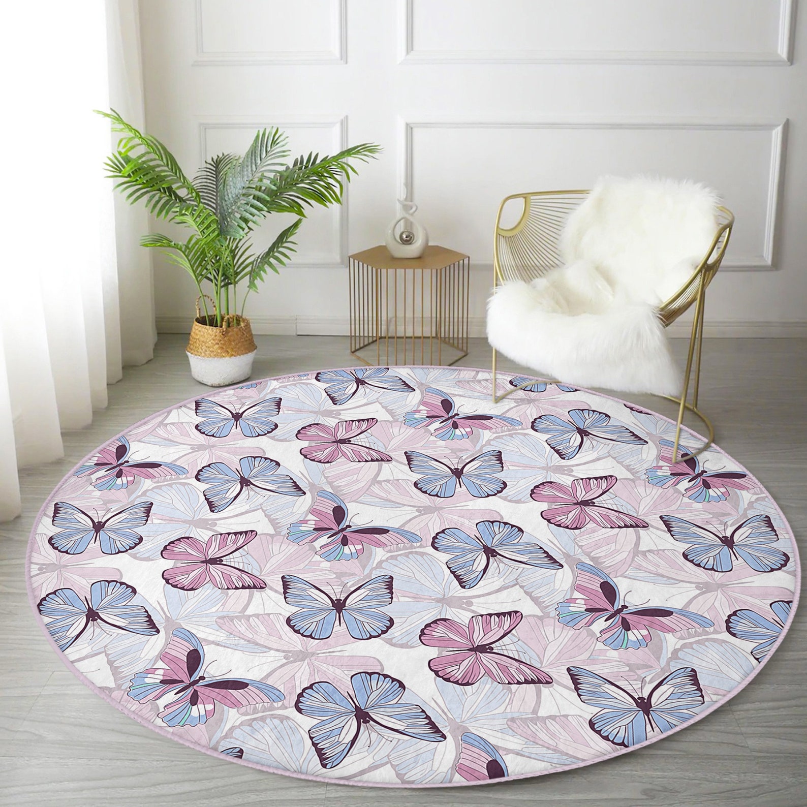 Butterfly Area Rug, Butterfly Patterned Circle Carpet, Kids Room ...