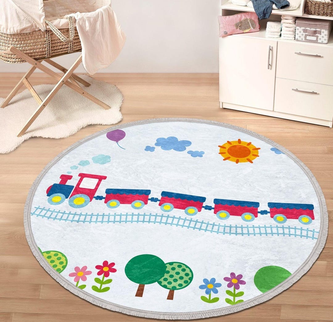 Train Nursery Rug, Kids Room Decorative Train Pattern Area Rug, Circle ...
