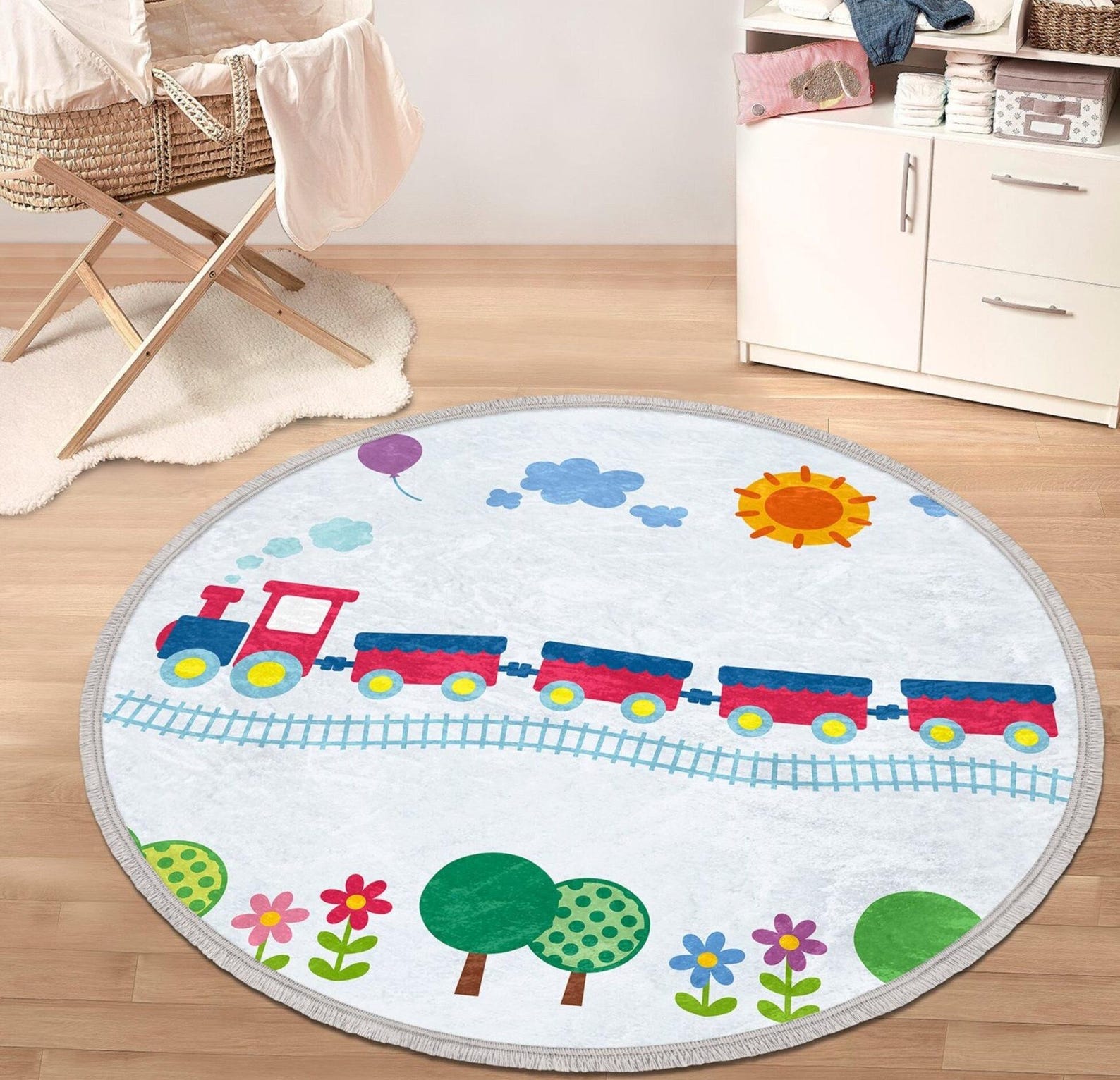 Train Nursery Rug, Kids Room Decorative Train Pattern Area Rug, Circle ...