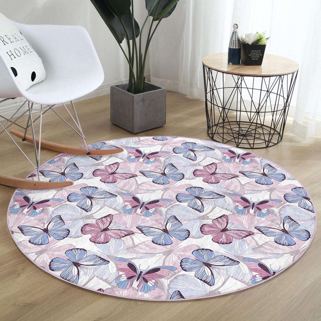Butterfly Area Rug, Butterfly Patterned Circle Carpet, Kids Room ...