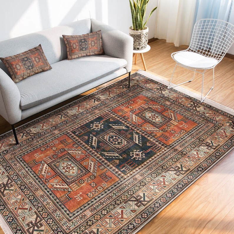 Vintage Area Rug, Traditional Living Room Area Rug, Non Slip Washable ...