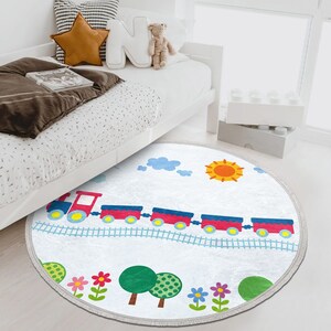Train Nursery Rug, Kids Room Decorative Train Pattern Area Rug, Circle ...