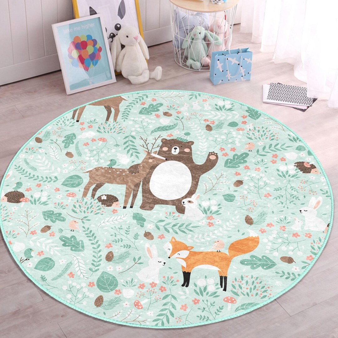 Animal Pattern Nursery Rugs, Kids Room Bear Printed Circle Carpet, Baby ...