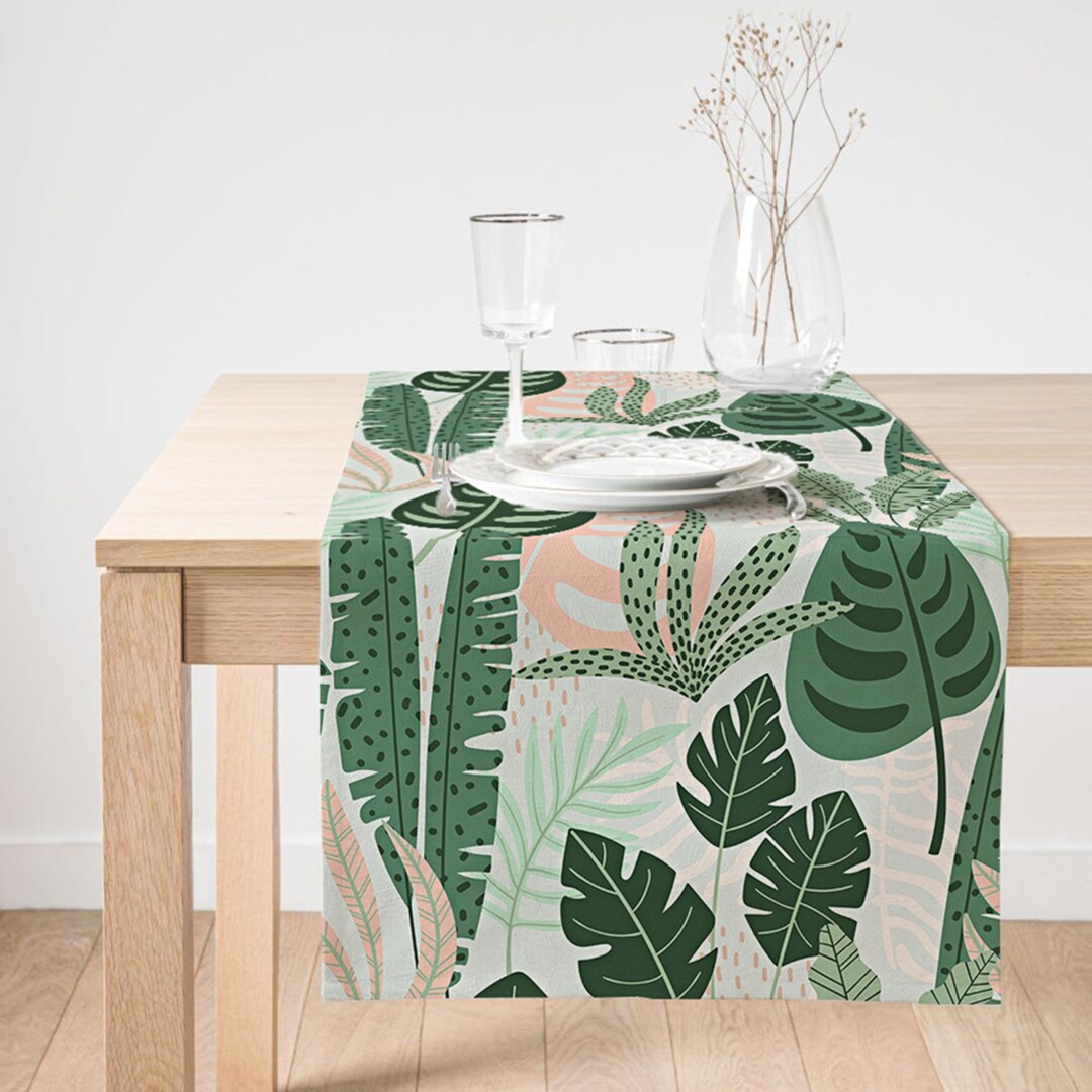Floral Table Runner, Green Flower Design Table Linens, Kitchen ...