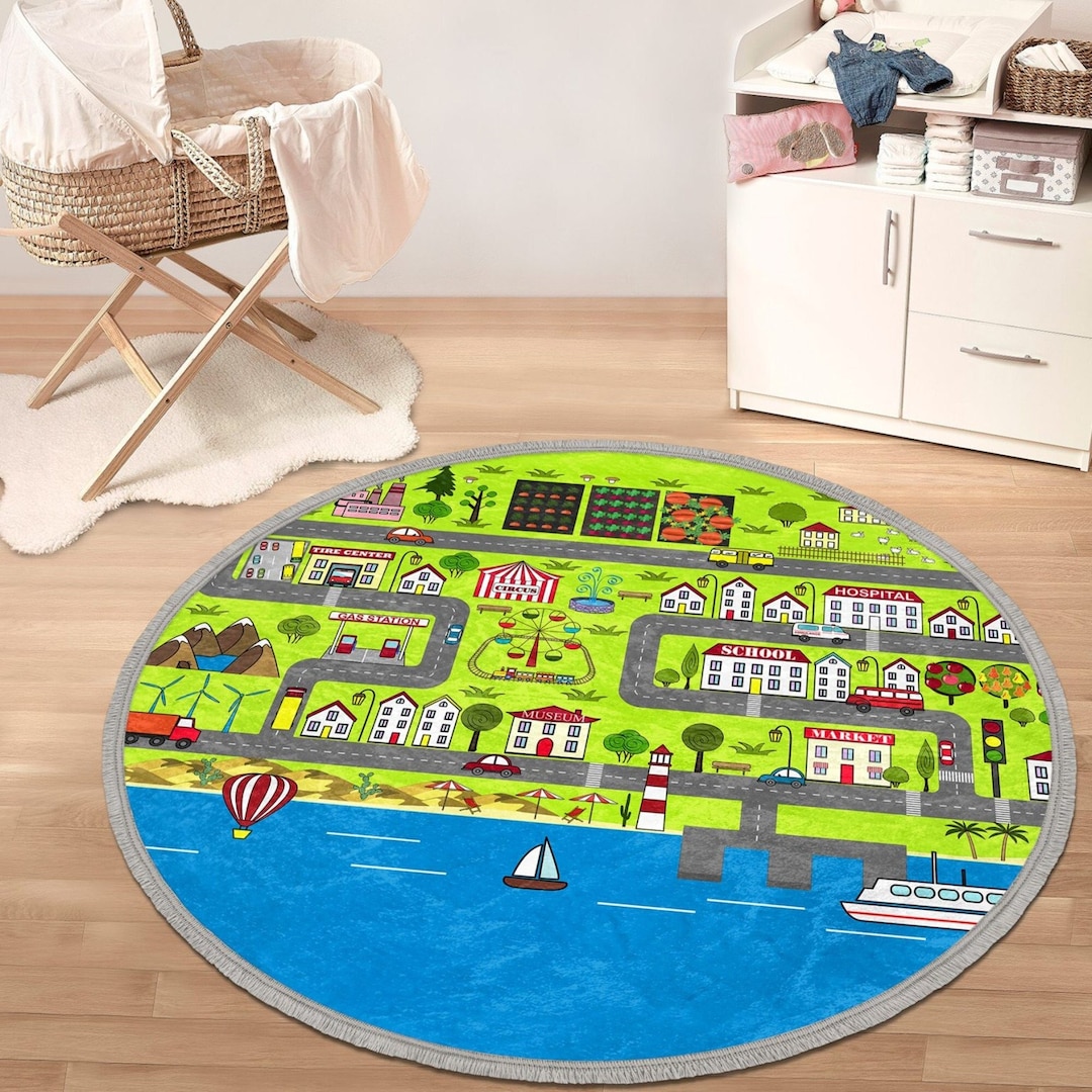 Cute City Map Kids Room Round Rug, Nursery Room Circle Carpet, City Map ...