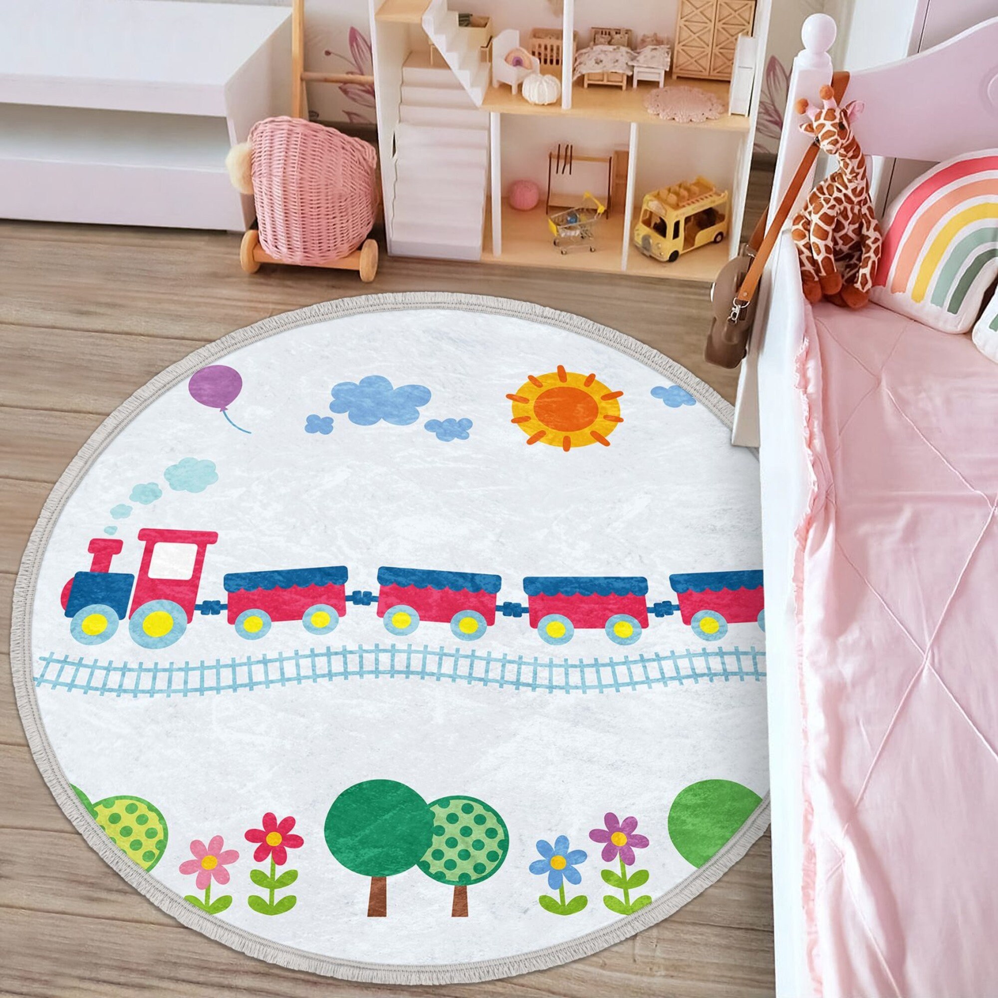 Train Nursery Rug, Kids Room Decorative Train Pattern Area Rug, Circle ...