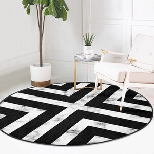 Modern Round Rug, Black and White Decorative Living Room Area Rug, Non ...