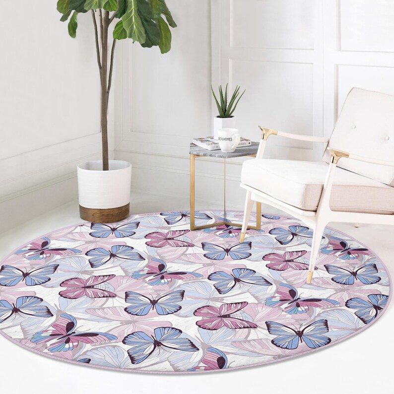 Butterfly Area Rug, Butterfly Patterned Circle Carpet, Kids Room ...