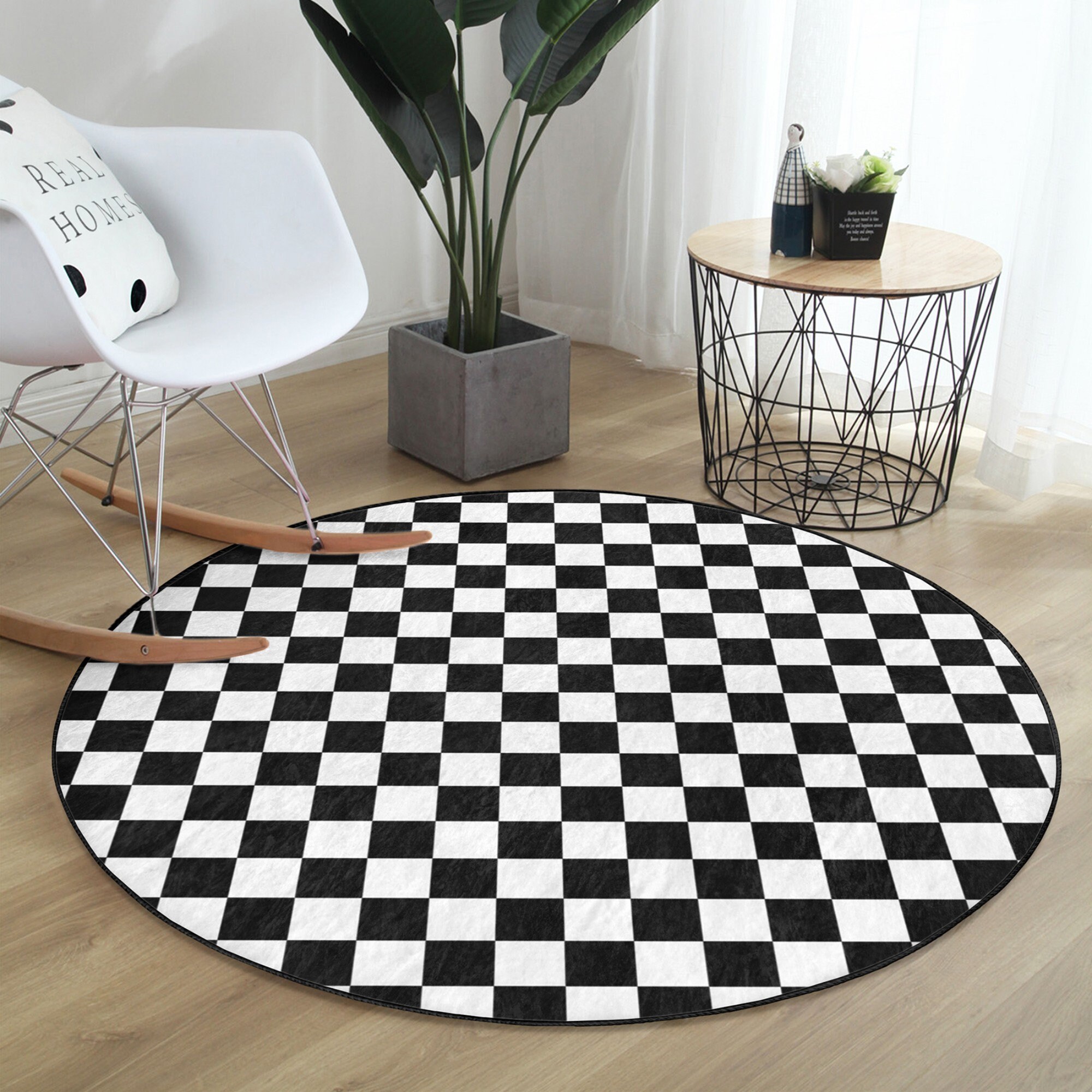 Checkered Round Rug, Black and White Checkered Circle Rug, Living Room ...