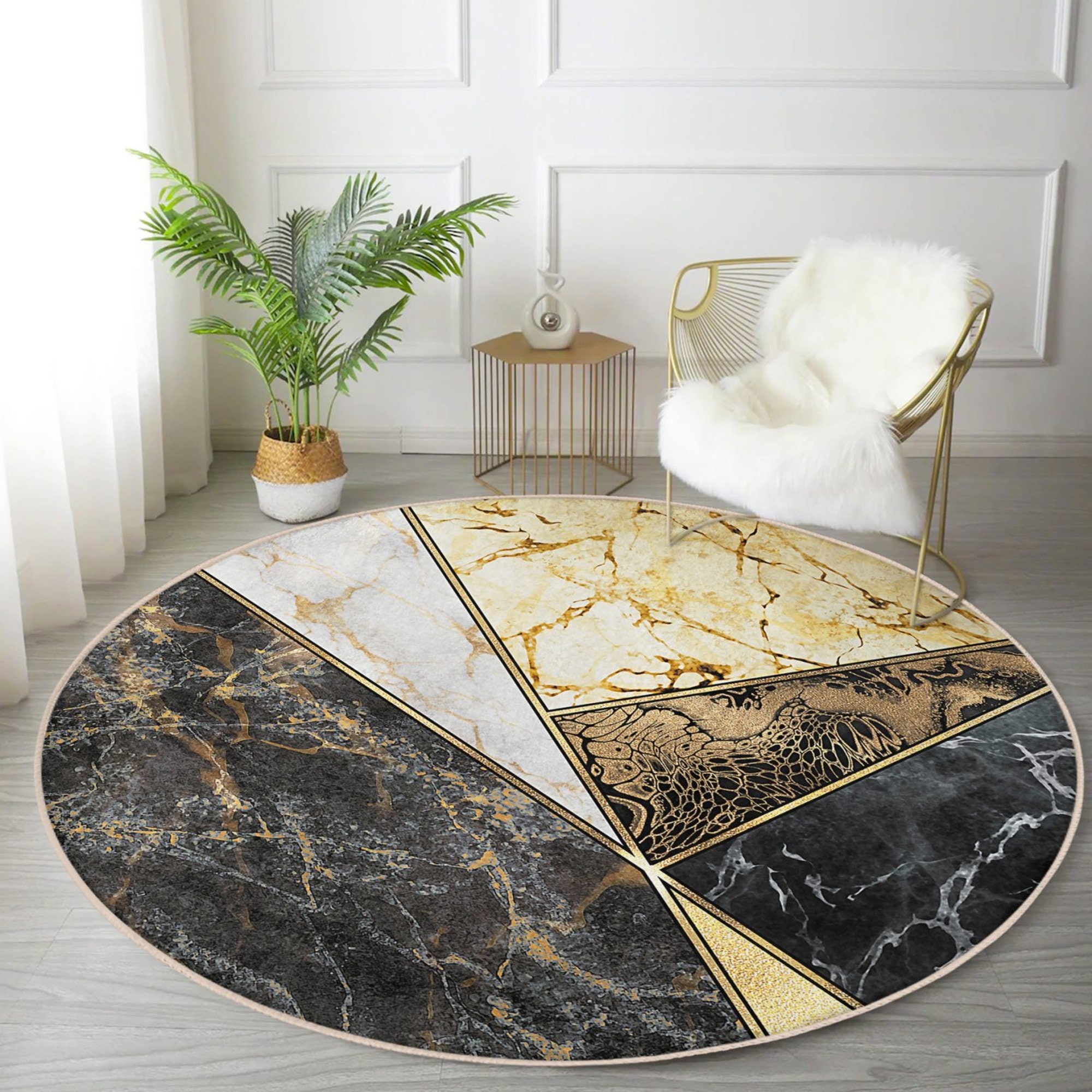Luxury Marble Patterned Living Room Round Rug, Marble Decorative Floor ...