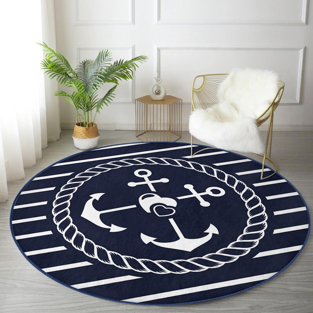 Blue Marine Life Rug, Anchor Design Boat Decoration Washable Non Slip ...