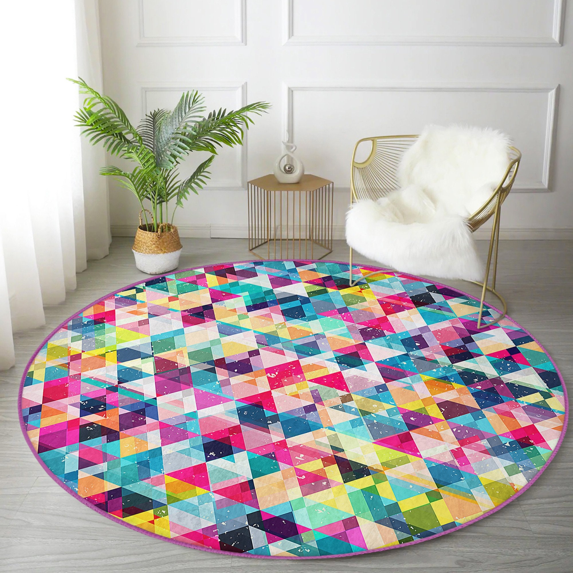 Colorful Round Rug, Rainbow Colors Patterned Circle Carpet, Boho Home ...