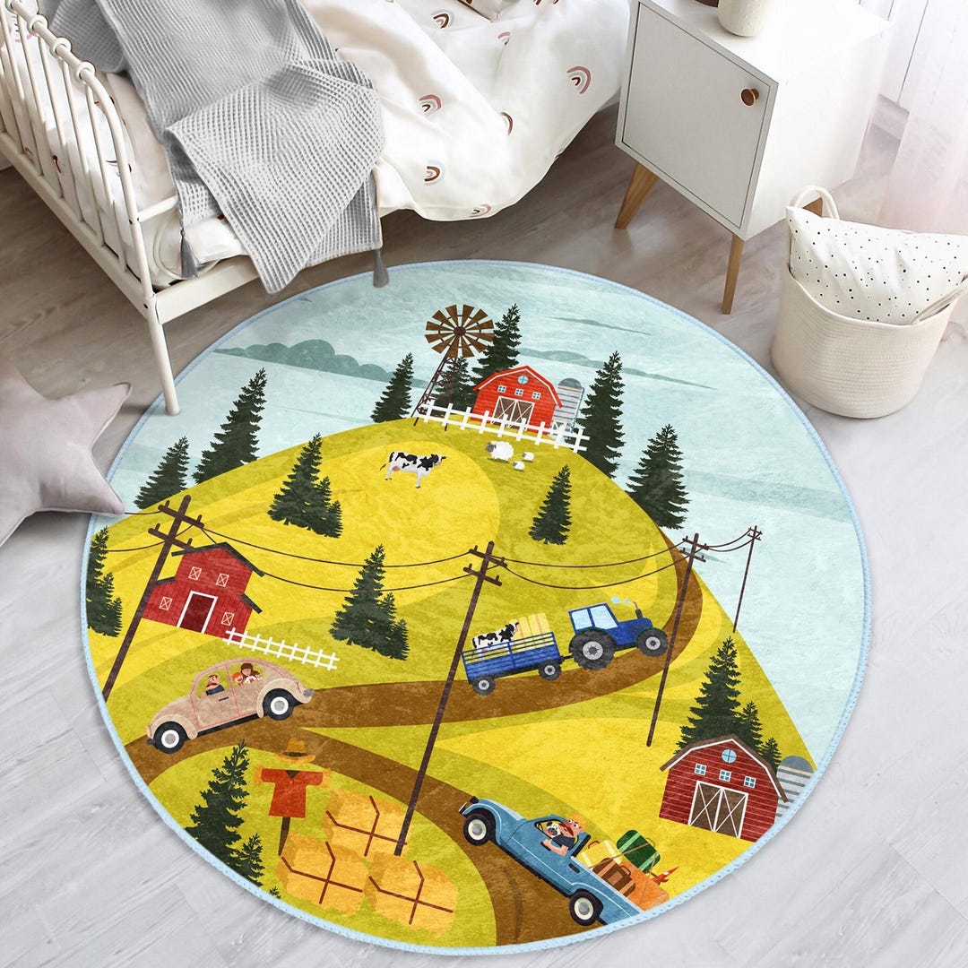 Farm Life Nursery Rug, Farm Decoration Kids Room Round Rug, Nursery ...