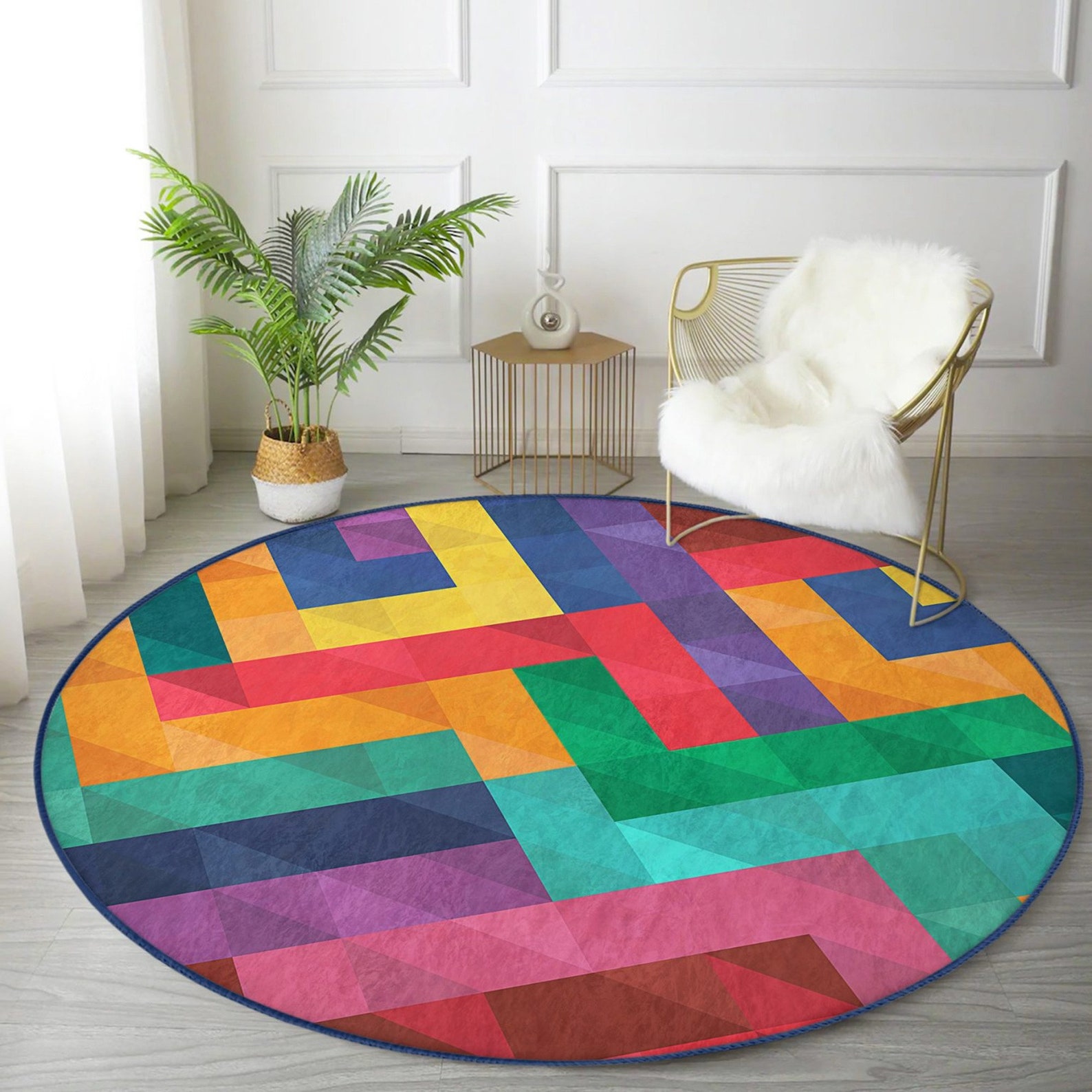 Rainbow Colors Patterned Decorative Round Rug, Home Decoration Colorful ...
