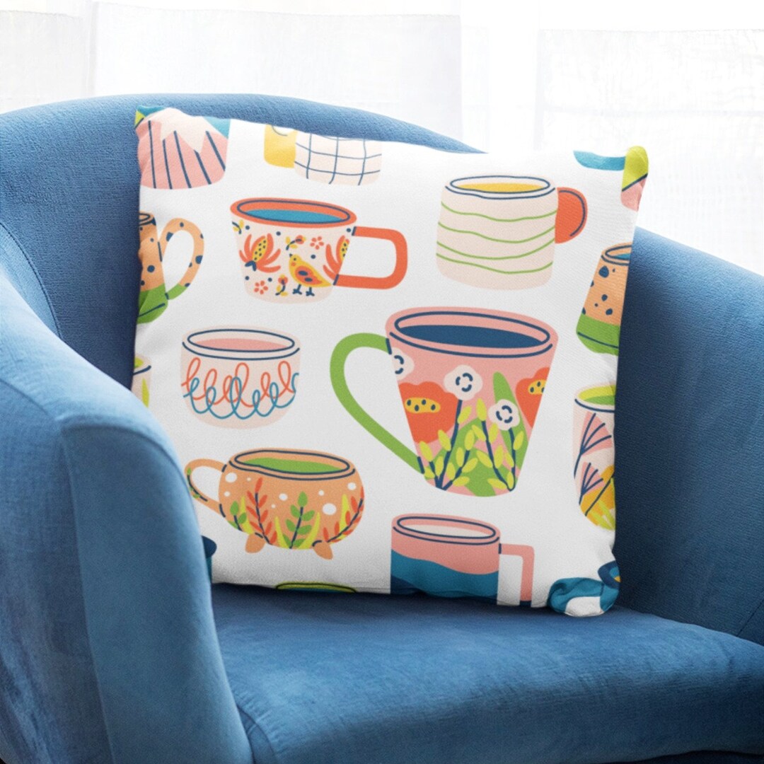 Coffee Mugs Cushion Cover, Mugs Pattern Coffee Lover Home Decoration ...