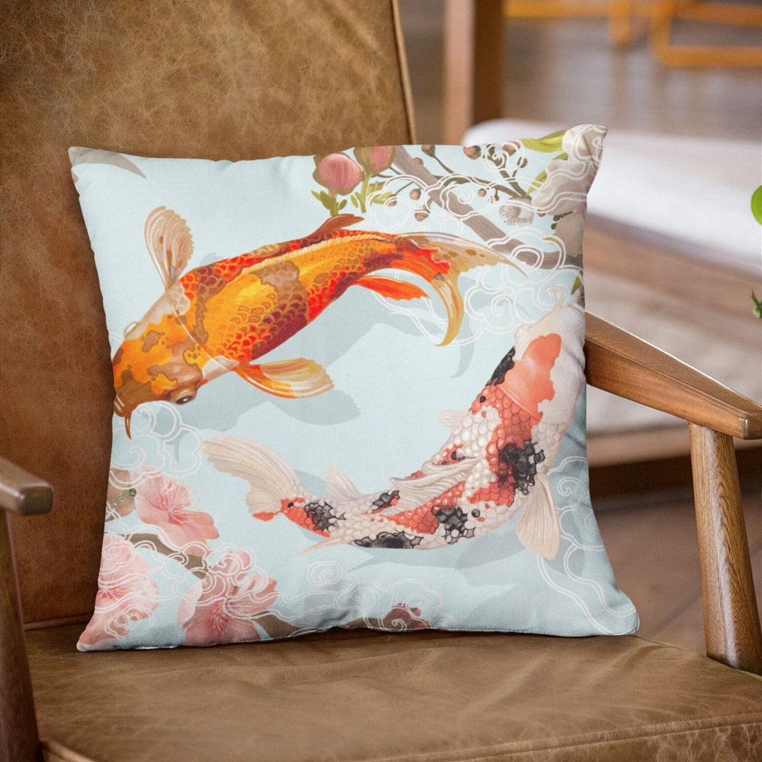 Koi Fish Throw Pillow, Koi Pond Japanese Culture Art Decorative Cushion ...