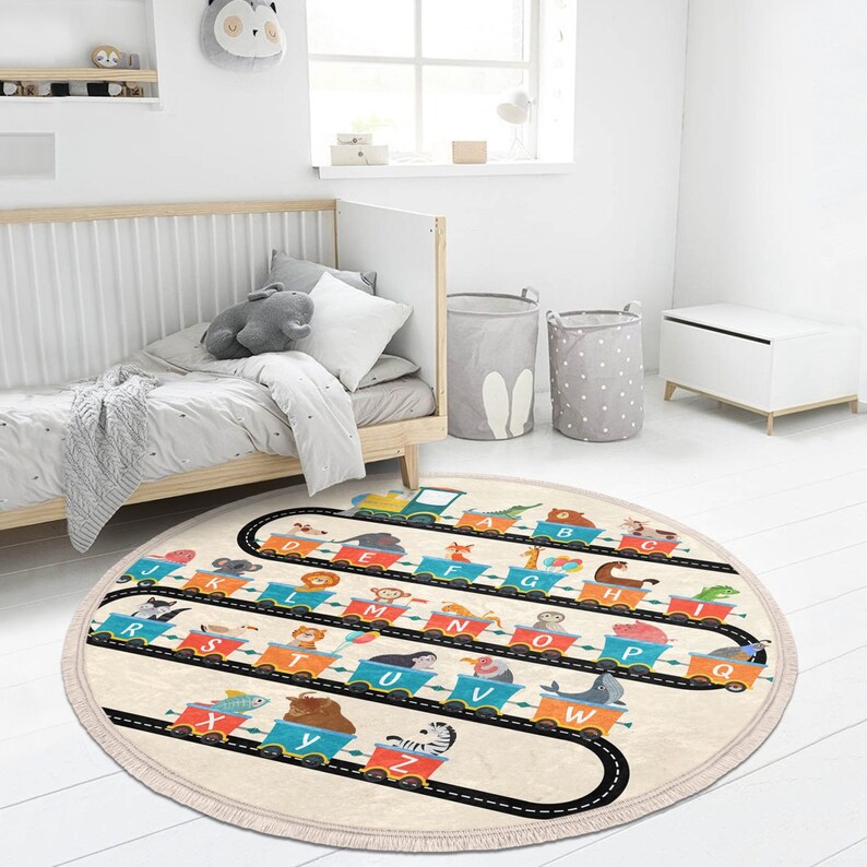 Train Alphabet Letter With Cute Animals Printed Kids Room Area Rug ...