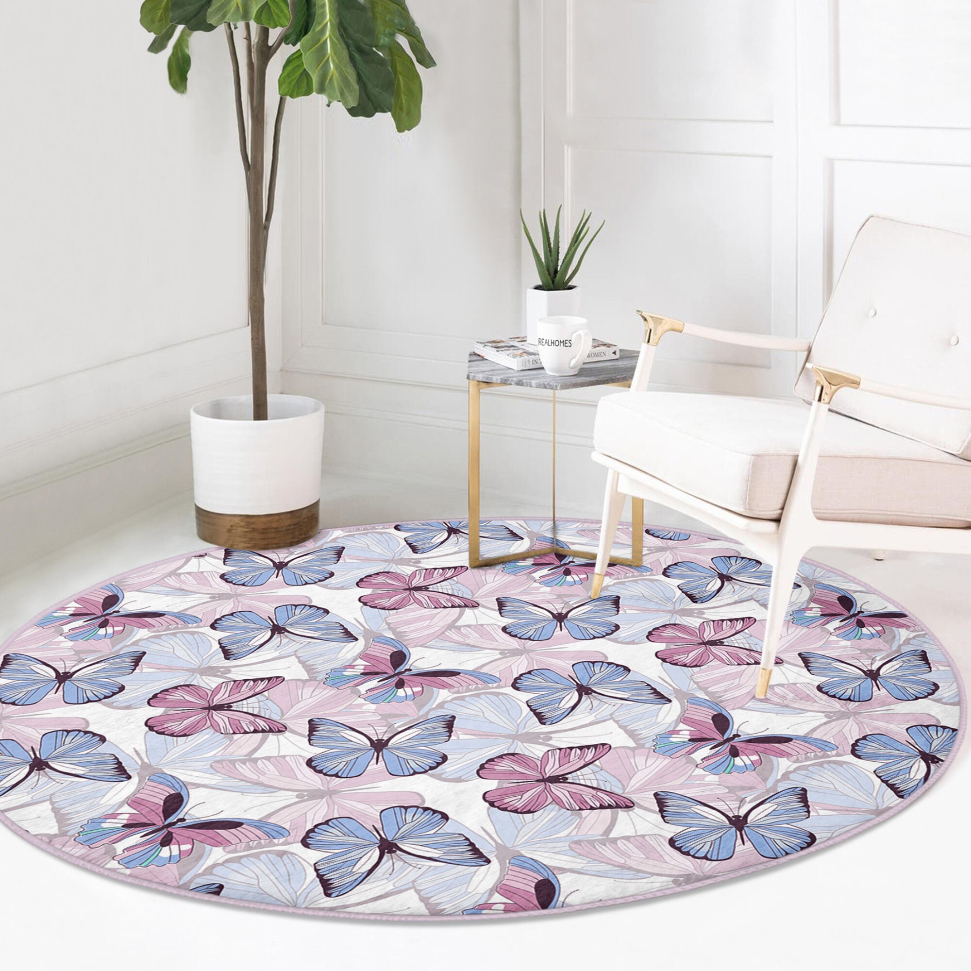 Butterfly Area Rug, Butterfly Patterned Circle Carpet, Kids Room ...