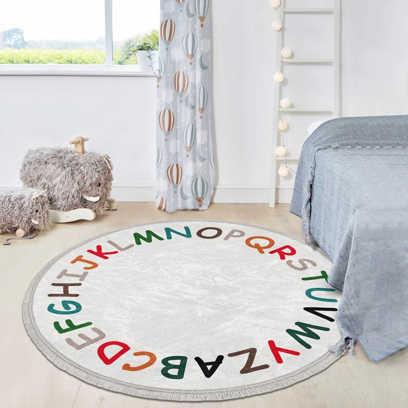 Alphabet Design Round Rug for Kids Room, Nursery Room Decorative Area ...