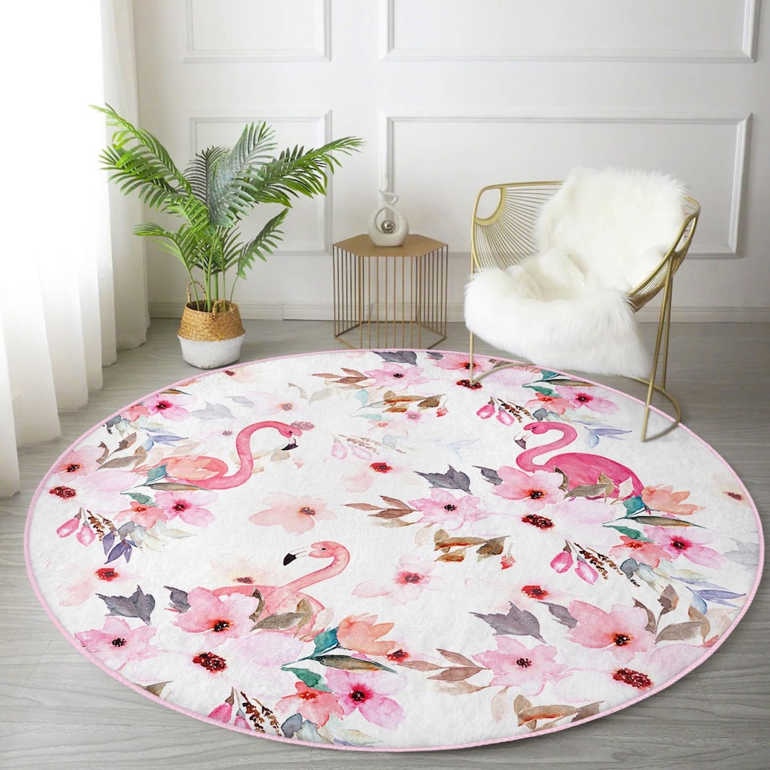 Cute Flamingo Patterned Living Room Round Rug, Flamingo Printed Circle ...