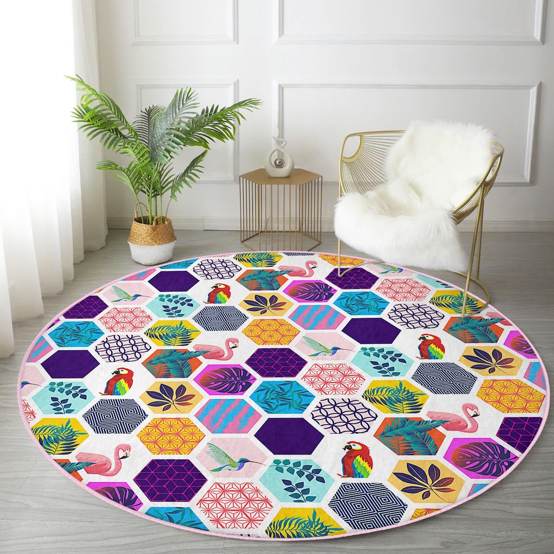Colorful Round Rug, Rainbow Colors Patterned Circle Carpet, Boho Home ...