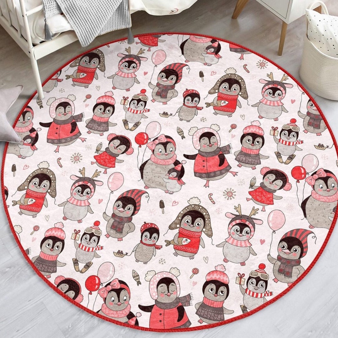 Penguins Kids Rug Penguins Nursery Room Circle Carpet - Etsy