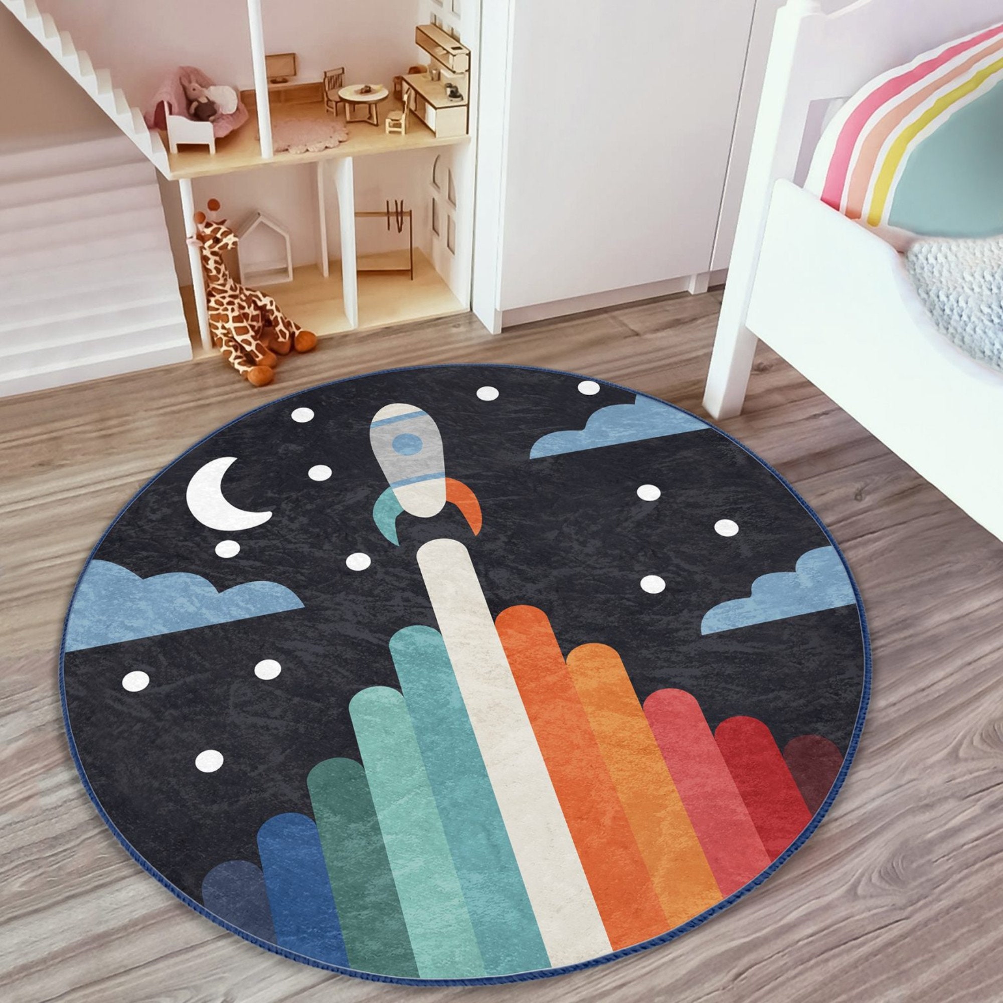 Space Rocket Kids Rug, Nursery Room Space Patterned Round Rug, Baby ...