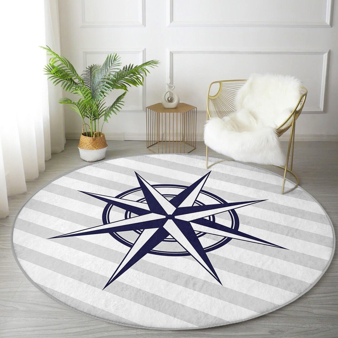 Compass Round Rug, Compass Patterned Decorative Area Rug, Non Slip ...