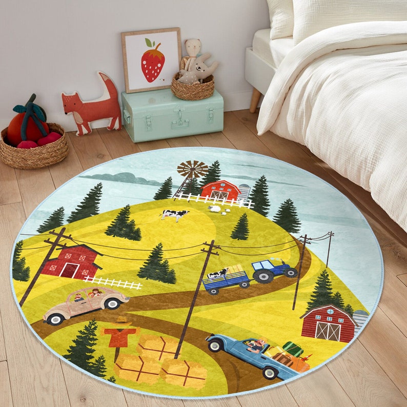 Farm Life Nursery Rug, Farm Decoration Kids Room Round Rug, Nursery ...