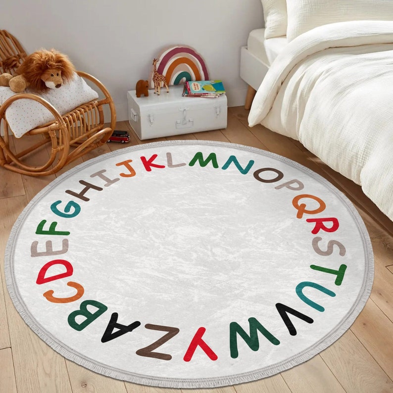Alphabet Design Round Rug for Kids Room, Nursery Room Decorative Area ...