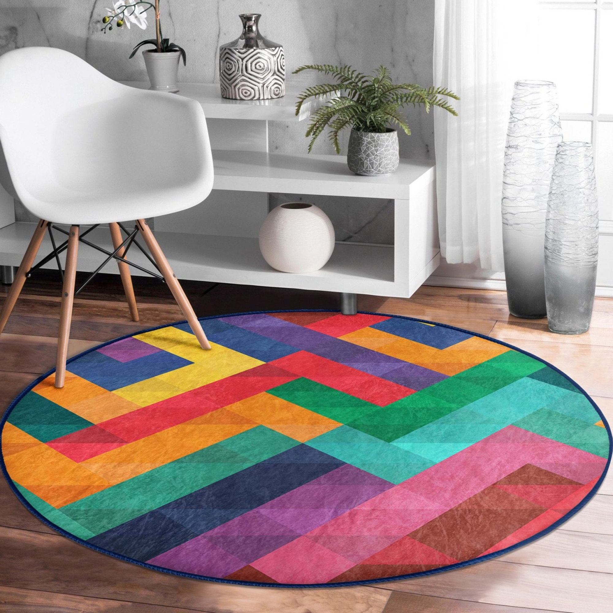 Rainbow Colors Patterned Decorative Round Rug, Home Decoration Colorful ...