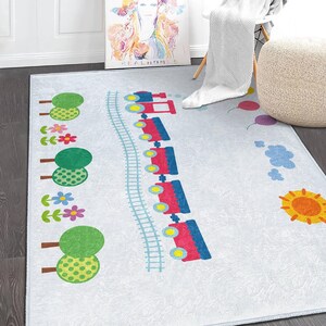 Train Pattern Kids Rug, Train Printed Baby Room Decoration Anti Slip ...
